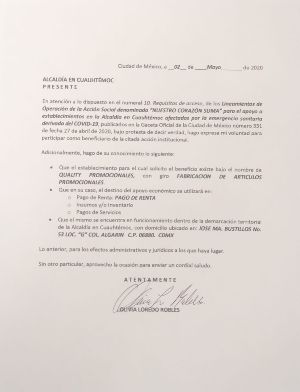 Carta Bajo Protesta de Decir Verdad y Solicitud de Ingreso a la Acción ...